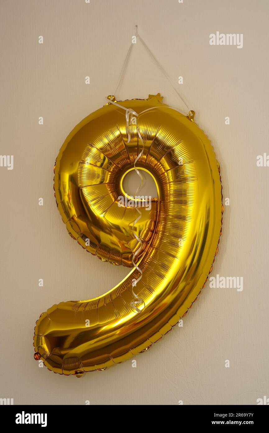 Golden inflatable balloon number 9 nine hangs on a white background ...
