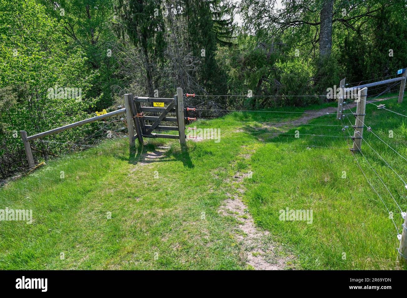 Electric fence with gate in nature park Stock Photo - Alamy