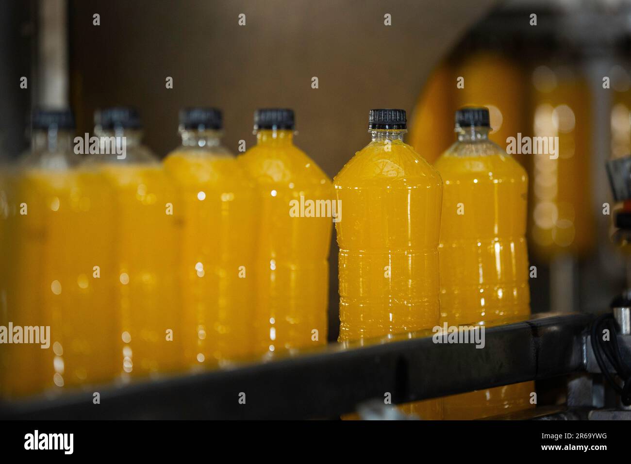 A row of plastic bottles being filled with liquid Stock Photo - Alamy