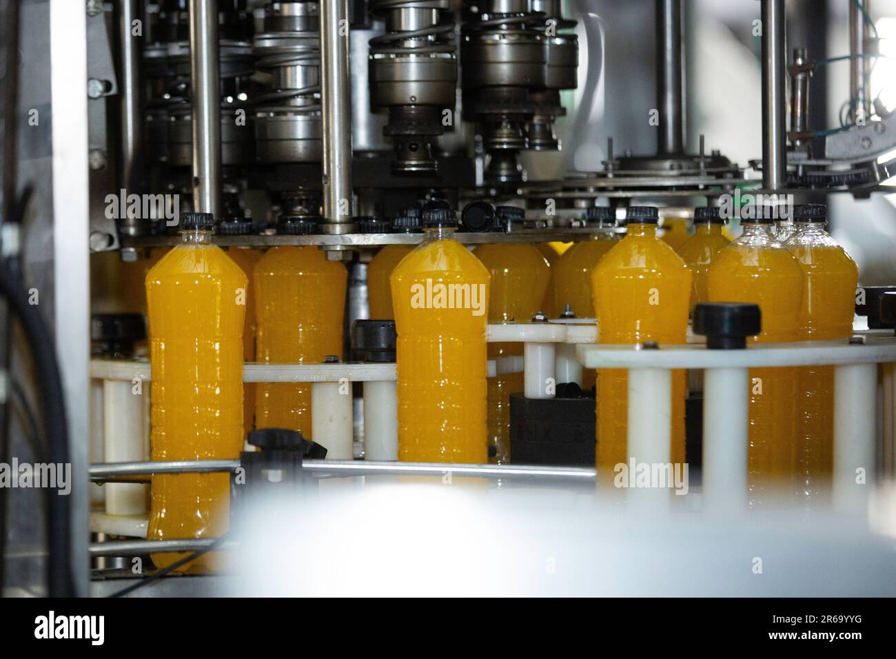 A row of plastic bottles being filled with liquid Stock Photo - Alamy