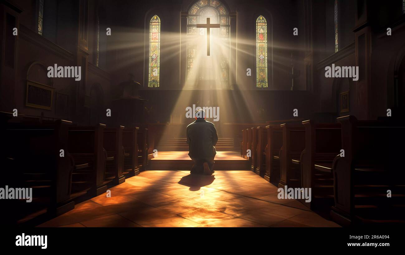 Lonely man kneeling before the altar Stock Photo - Alamy