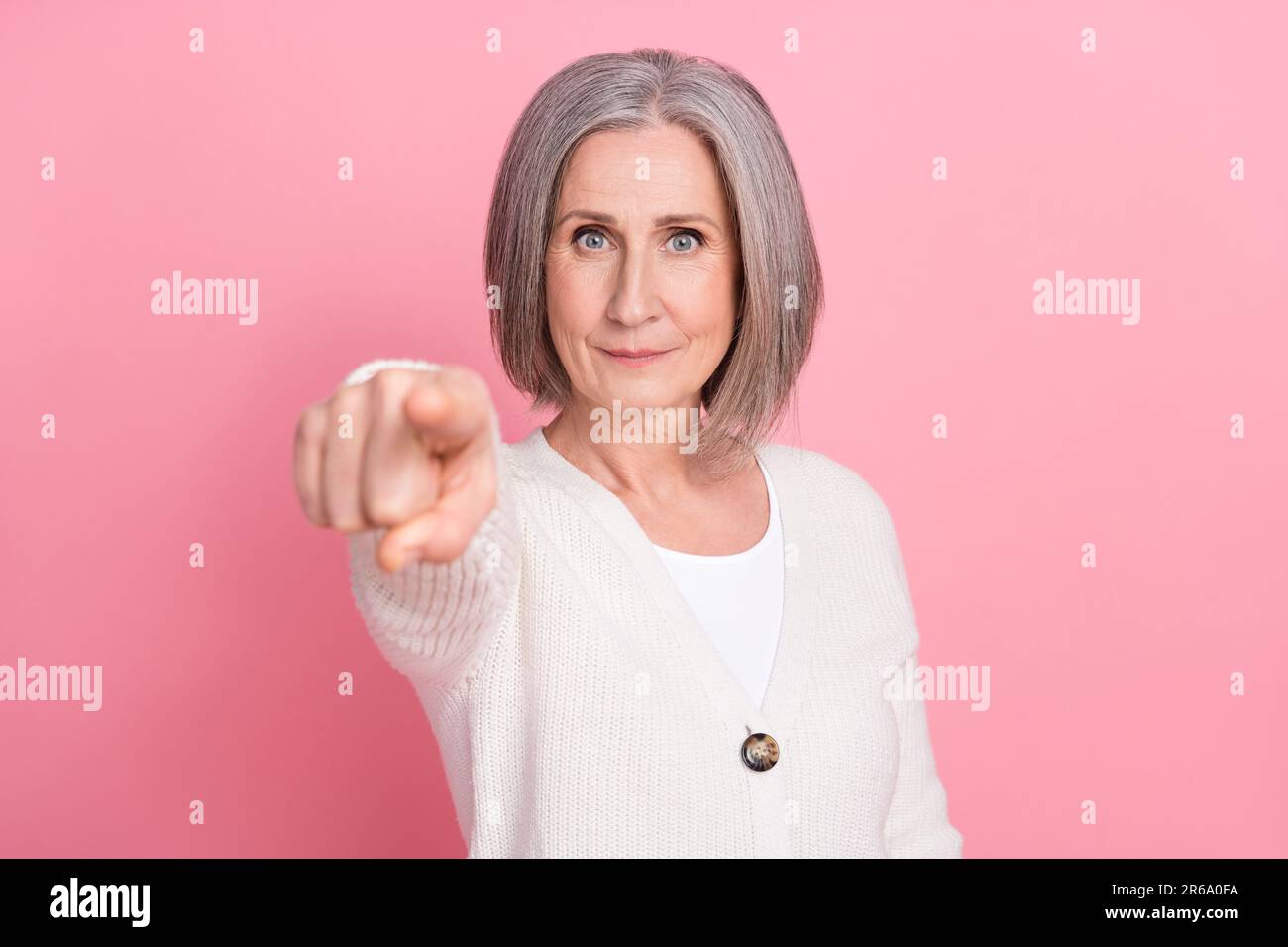 Portrait of strict serious aged person pointing finger camera you blame ...