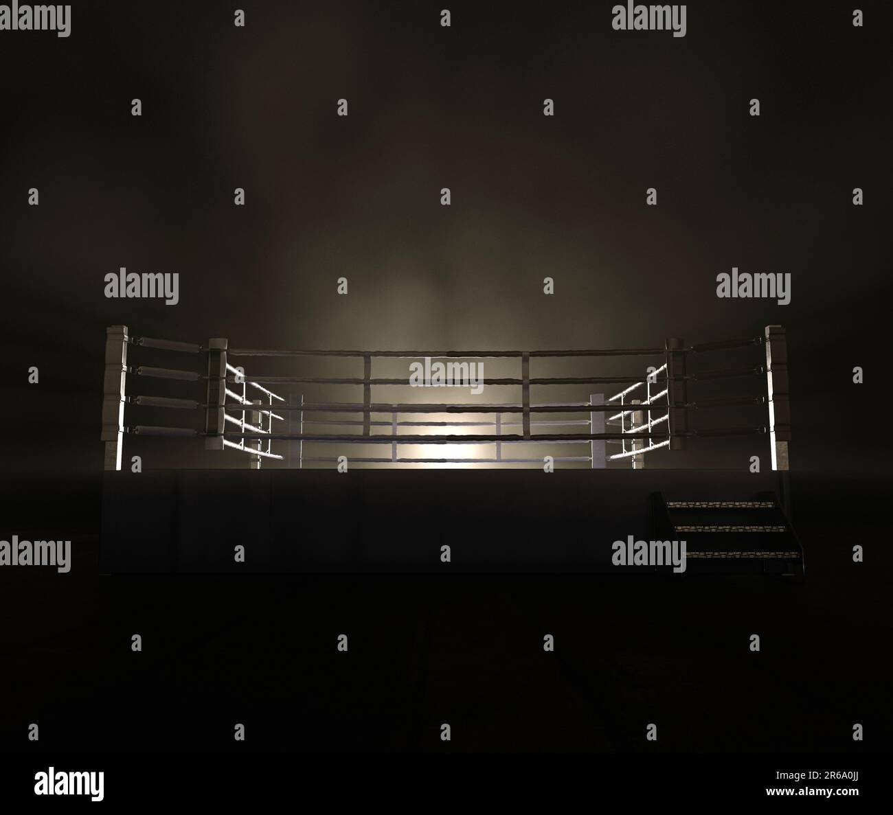 A modern boxing ring with opposing blue and red corners backlit by a ...