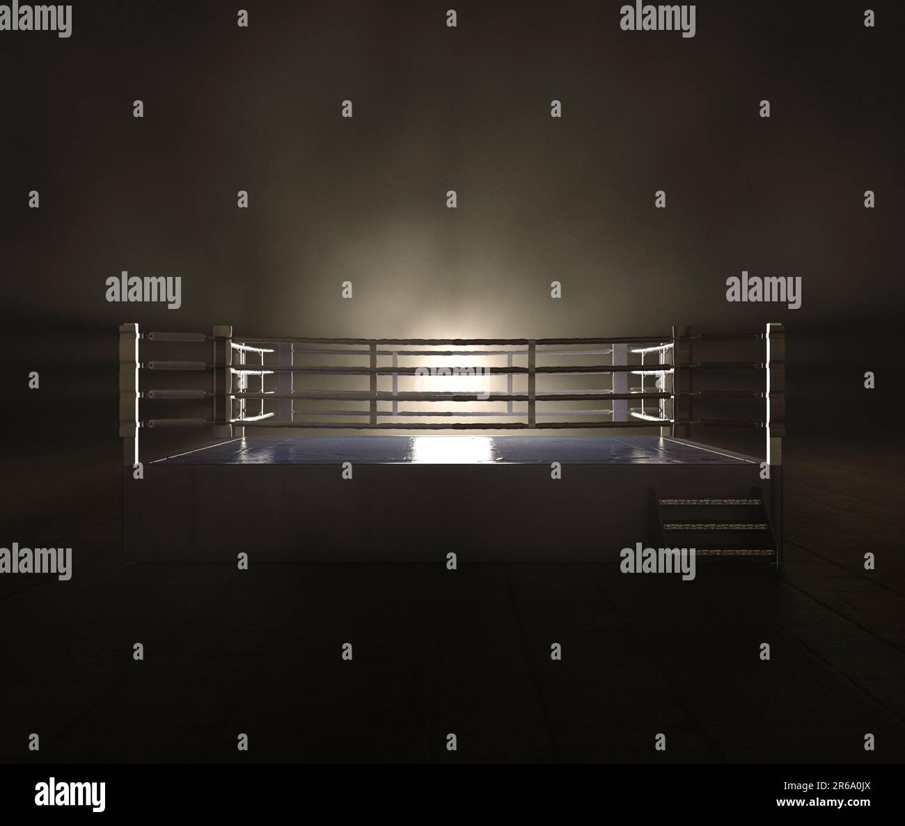 A modern boxing ring with opposing blue and red corners backlit by a ...