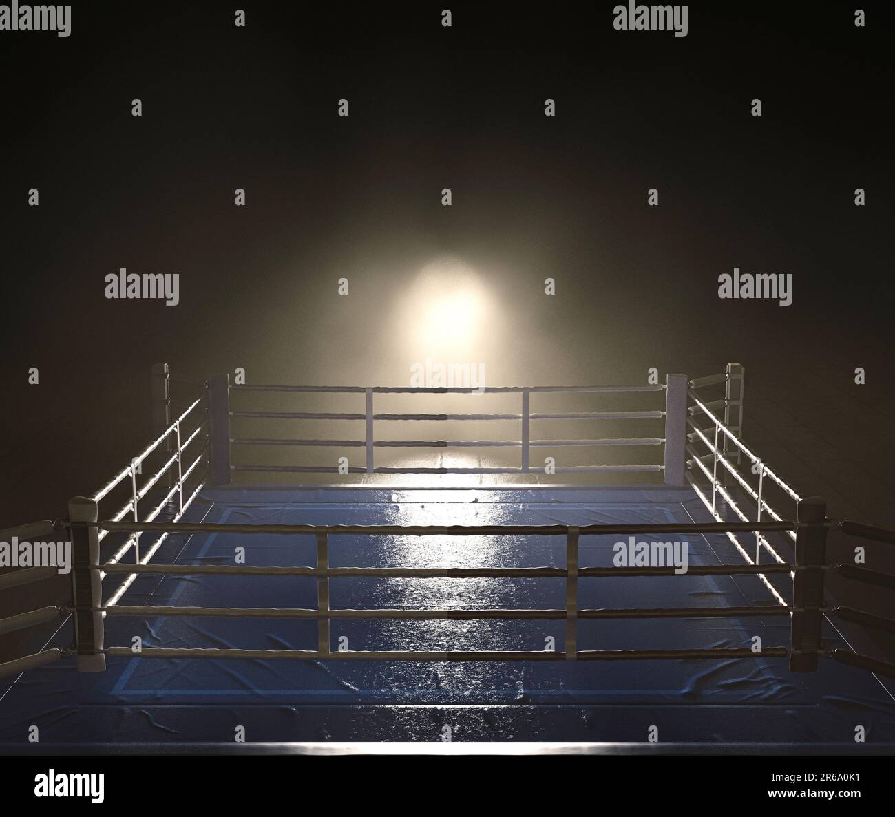 A modern boxing ring with opposing blue and red corners backlit by a ...