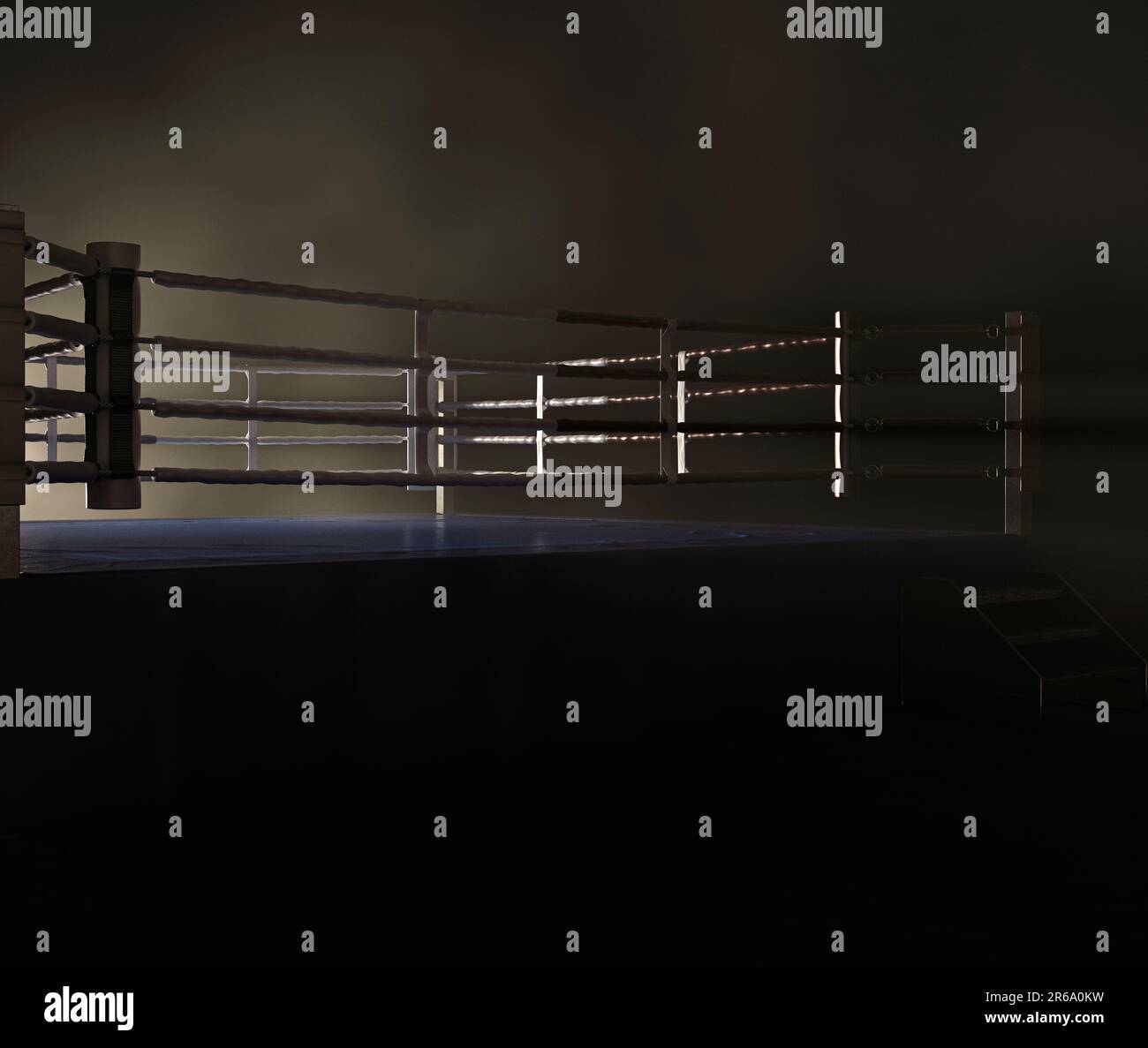 A modern boxing ring with opposing blue and red corners backlit by a ...
