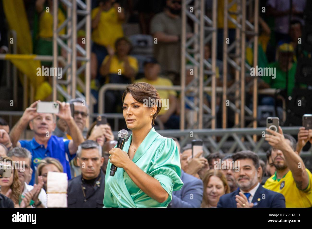 The Michelle Bolsonaro stands on stage during the official campaign ...
