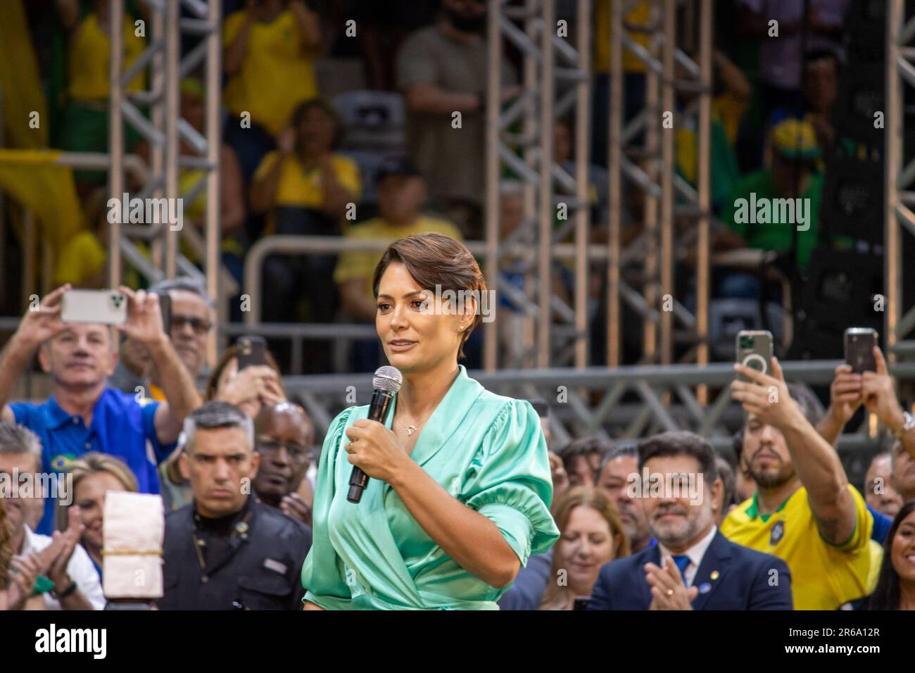 The Michelle Bolsonaro stands on stage during the official campaign ...