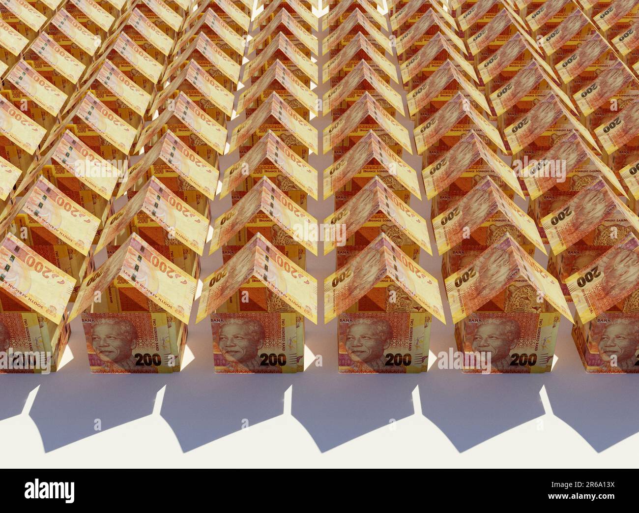 A concept of rand bank notes folded into the shape of a mass of simple ...