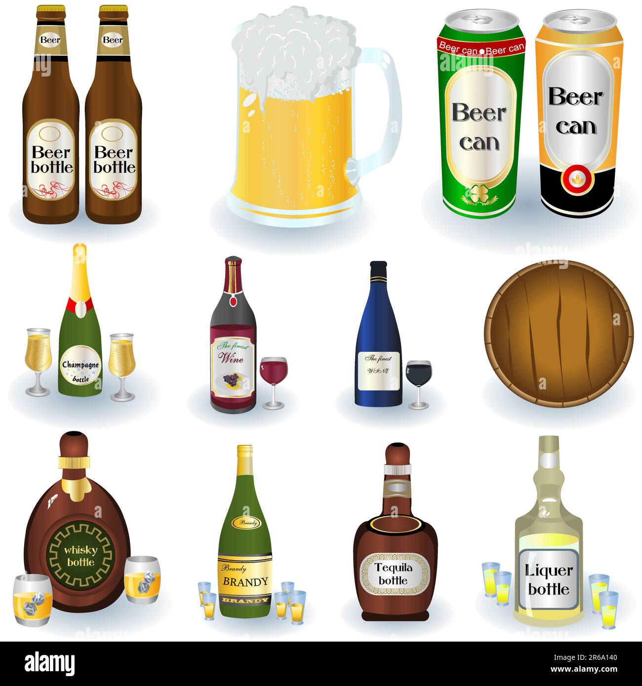 Vector illustrated set of different alcohol beverages with a barrel and ...