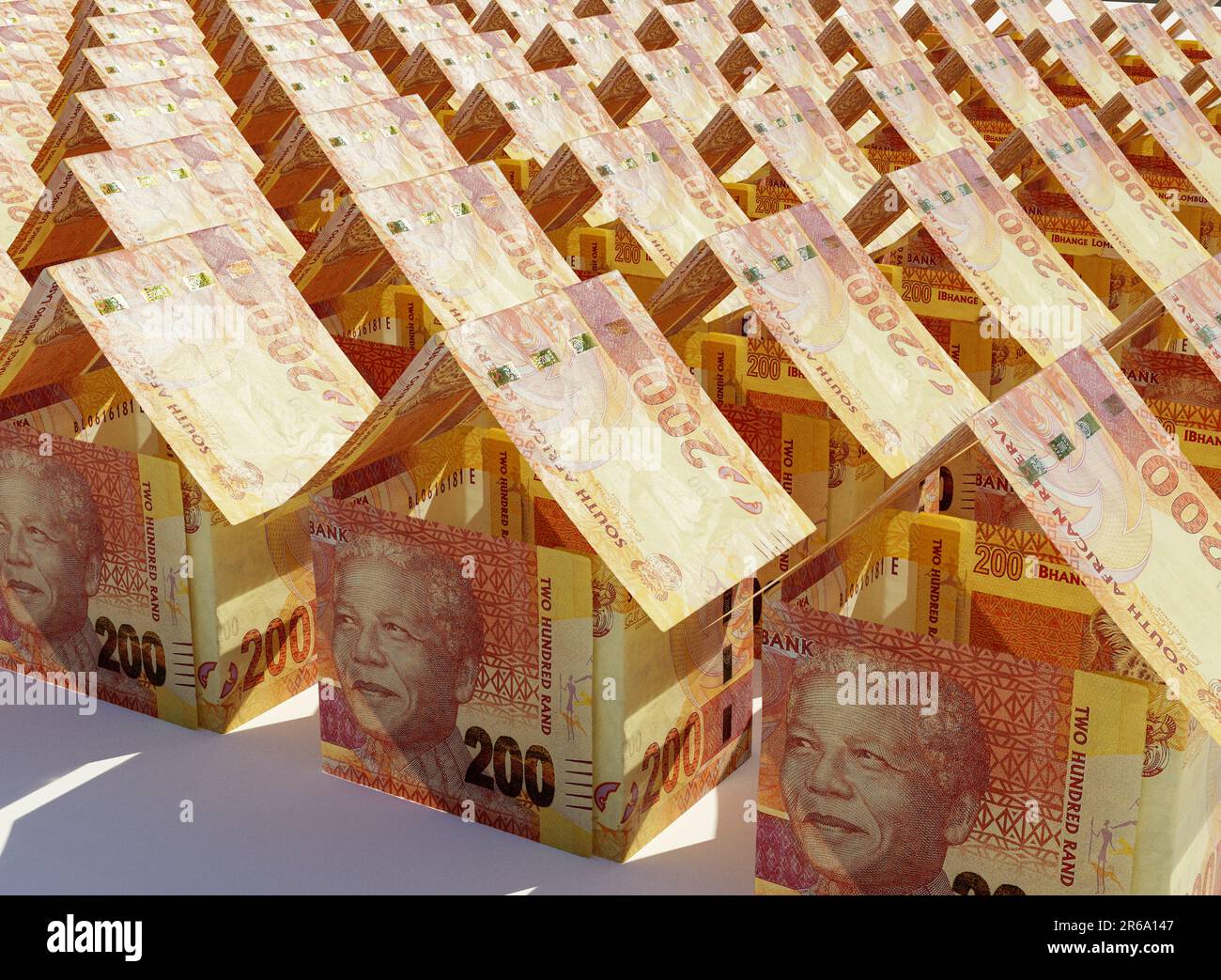 A concept of rand bank notes folded into the shape of a mass of simple ...