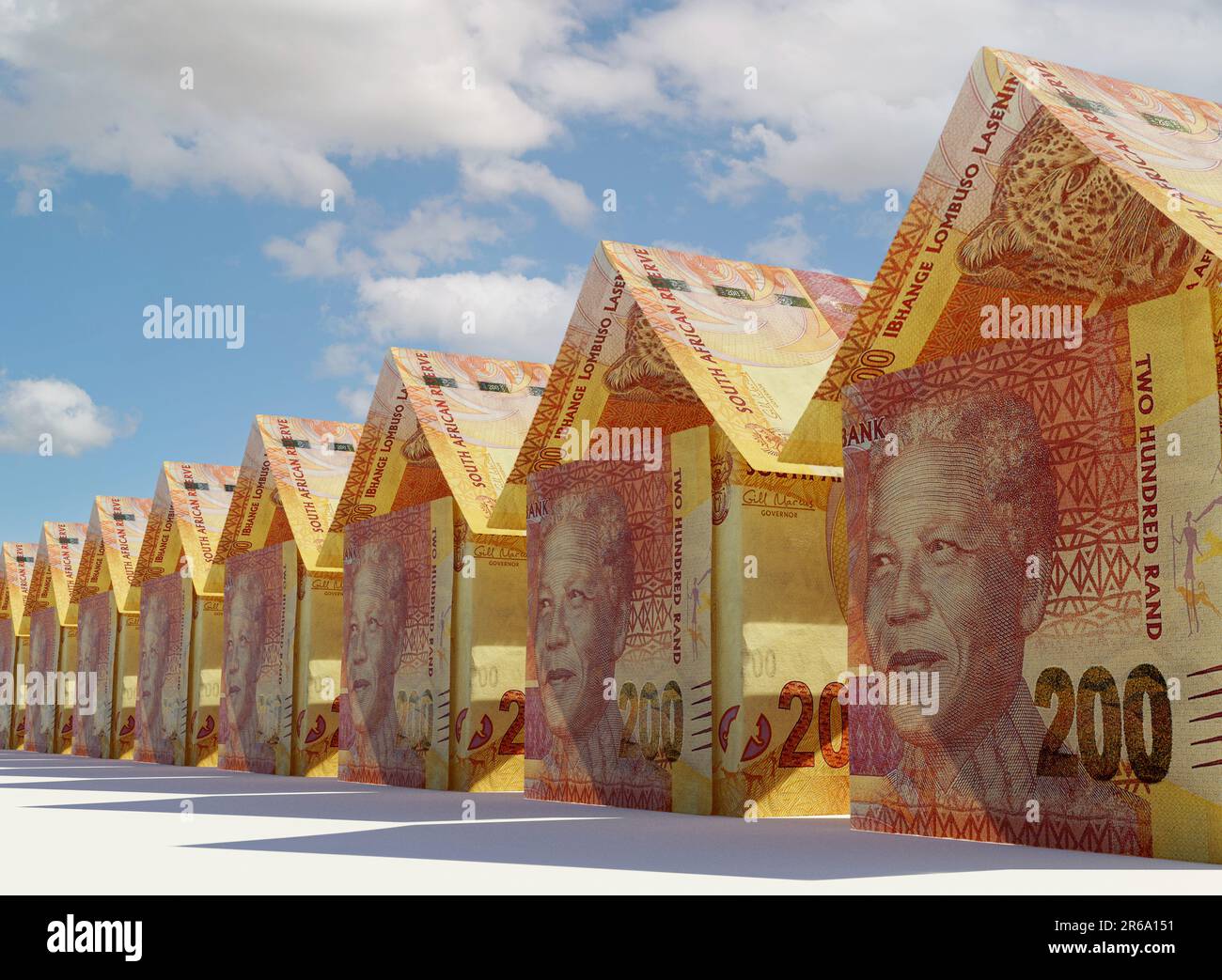 A concept of rand bank notes folded into the shape of a mass of simple ...