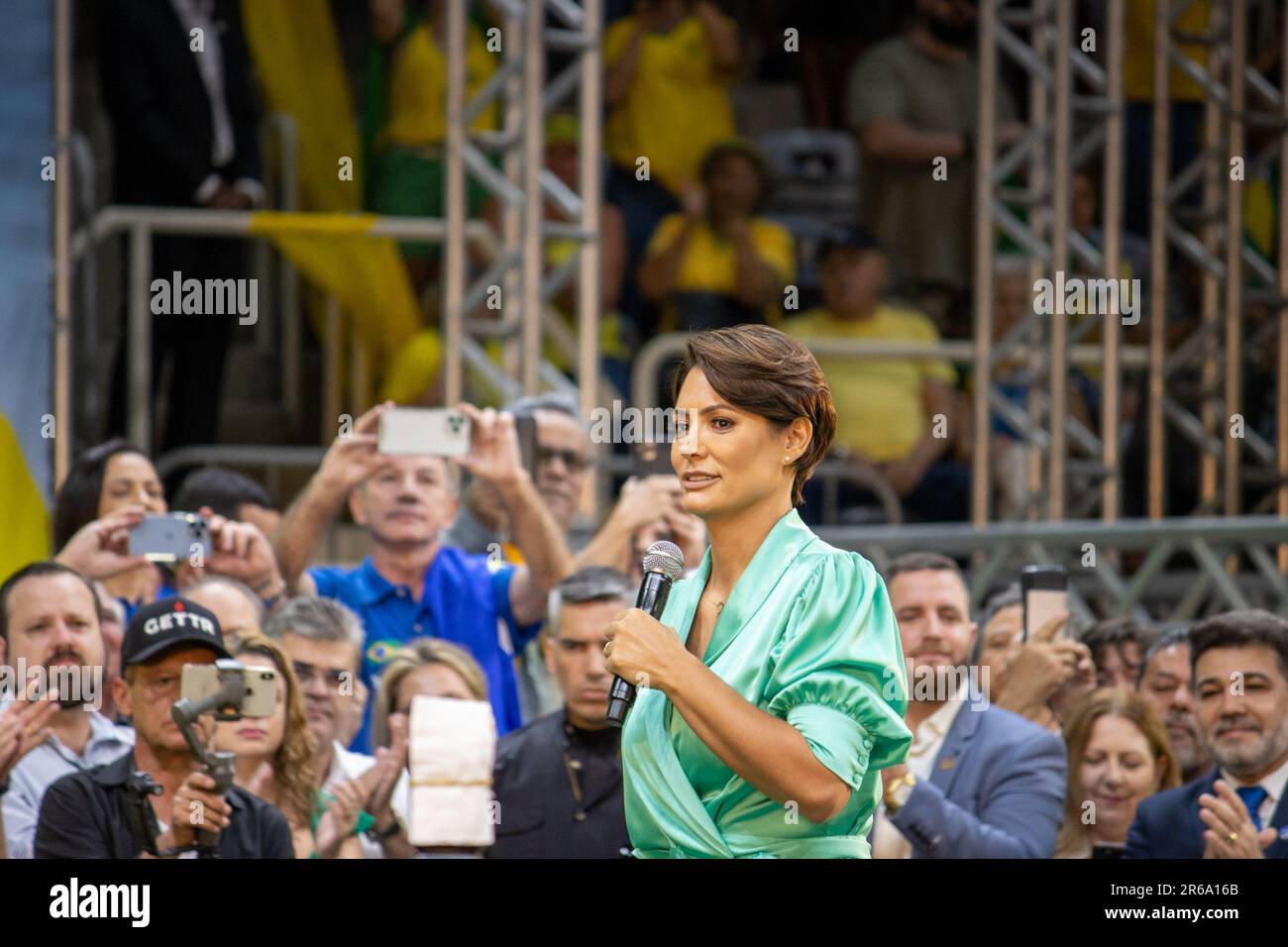 The Michelle Bolsonaro stands on stage during the official campaign ...
