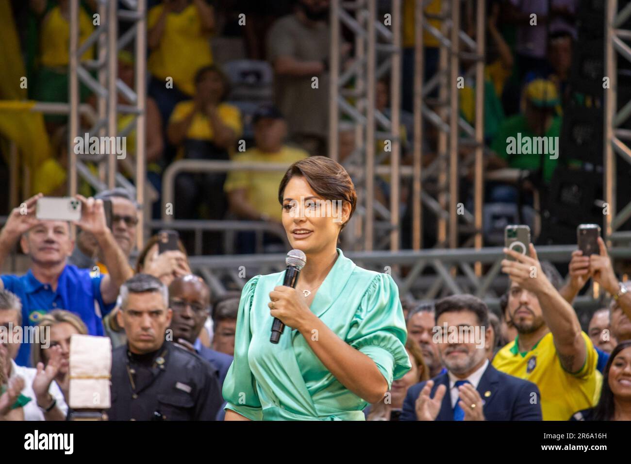 The Michelle Bolsonaro stands on stage during the official campaign ...