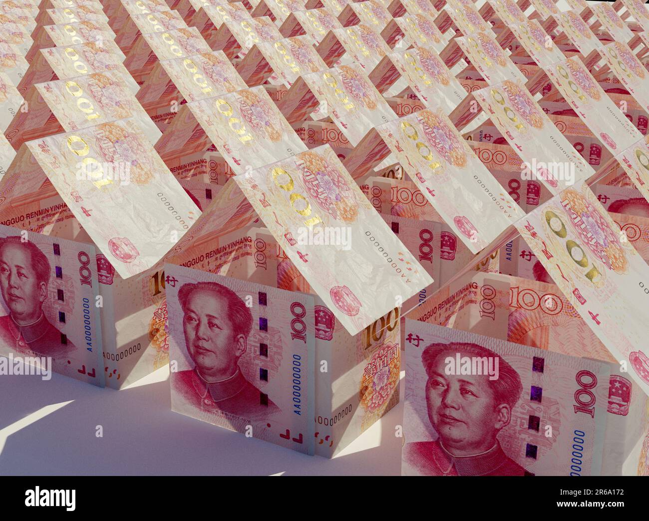 A concept of yuan bank notes folded into the shape of a mass of simple ...