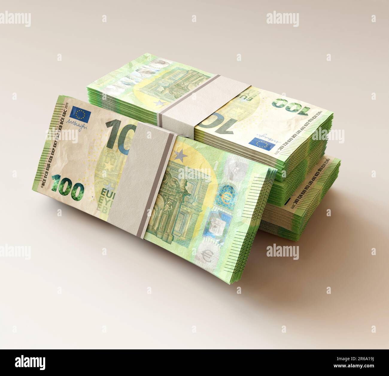 A stack of bundled euro banknotes on an isolated light background - 3D ...