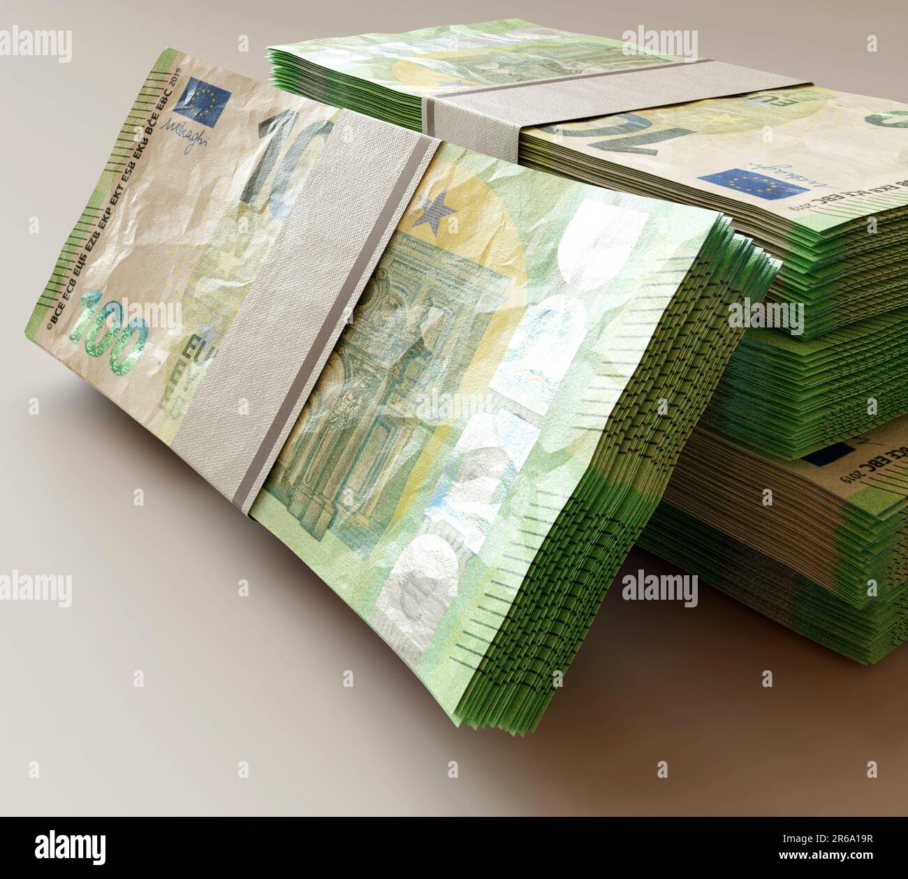 A stack of bundled euro banknotes on an isolated light background - 3D ...