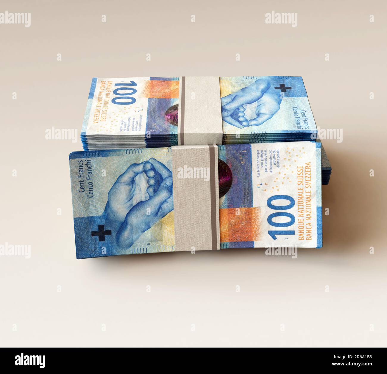 A stack of bundled swiss franc banknotes on an isolated light ...