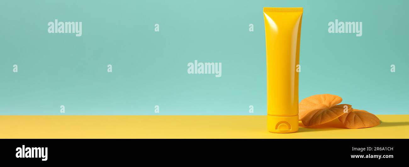 Yellow plastic Sunscreen lotion tube on sandy beach Stock Photo - Alamy