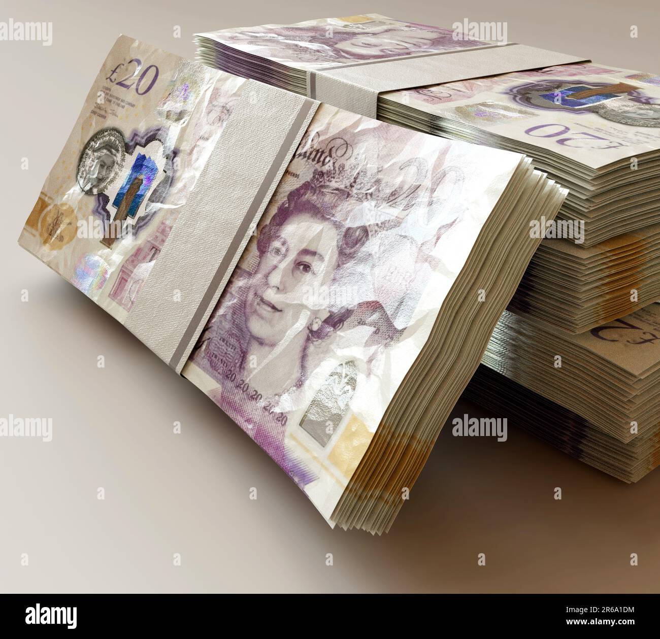 A stack of bundled british pound banknotes on an isolated light ...