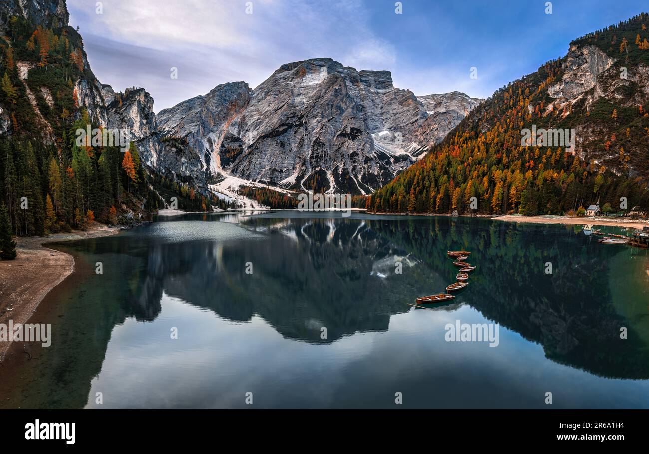 Lake Braies, Italy - Aerial panoramic view of Lake Braies (Lago di ...