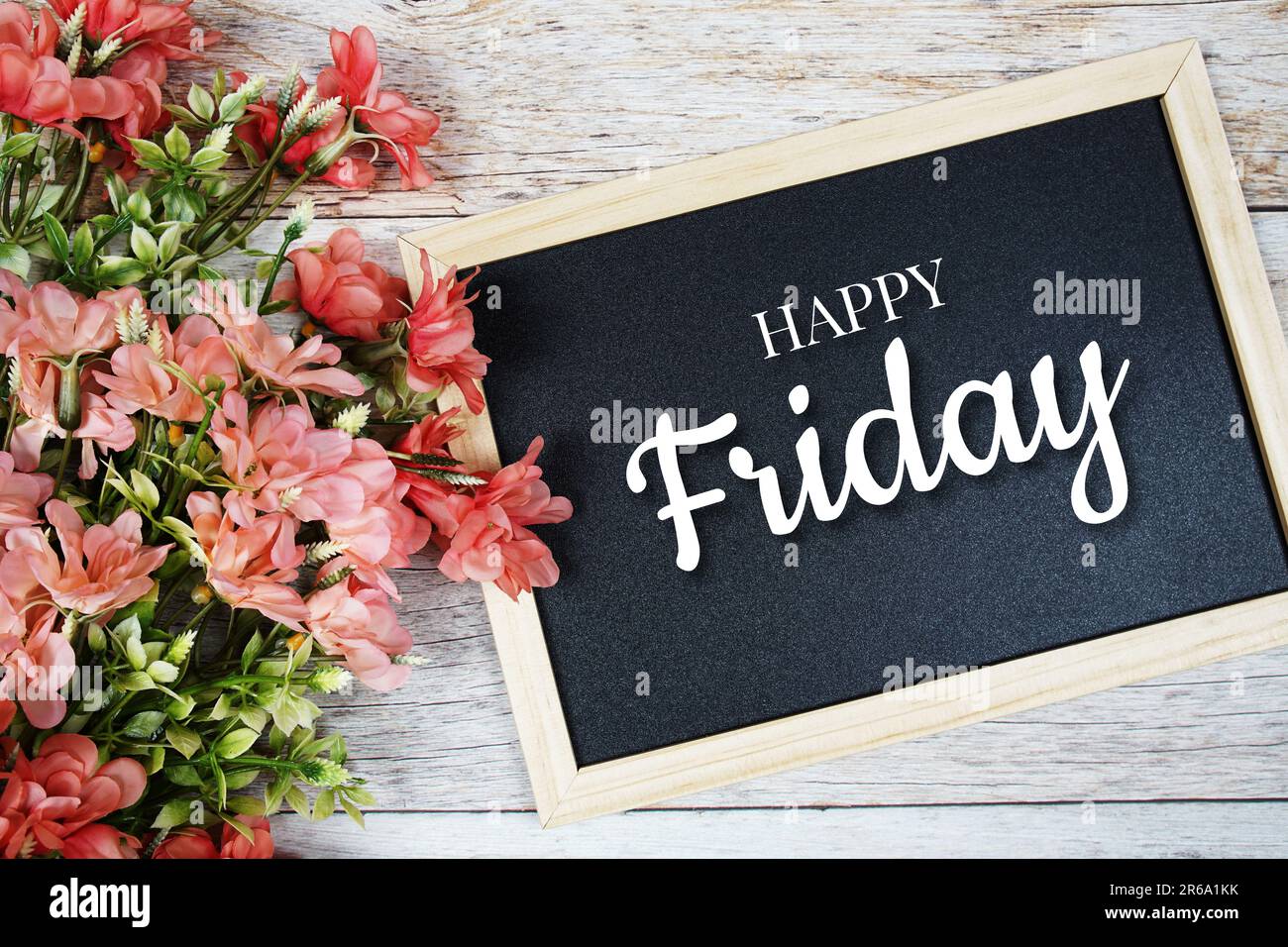 Happy Friday text on blackboard with flower bouquet decoration Stock ...