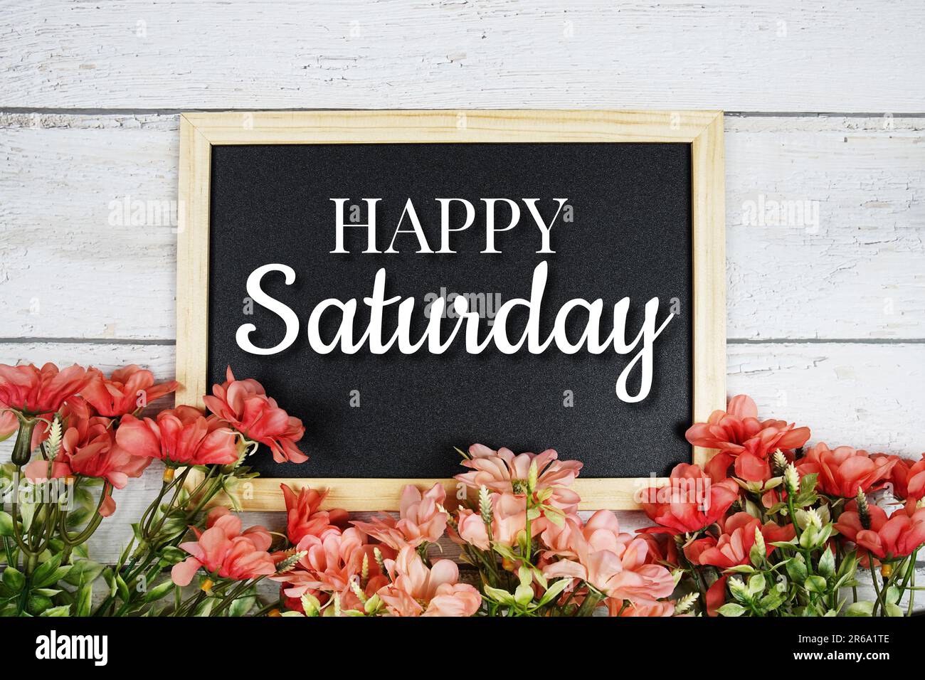 Happy Saturday text on blackboard with flower bouquet decoration Stock ...