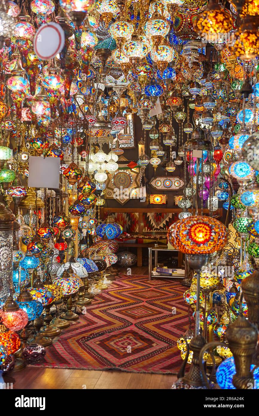 Grand bazaar interior in Istanbul city center. Traditional lantern ...