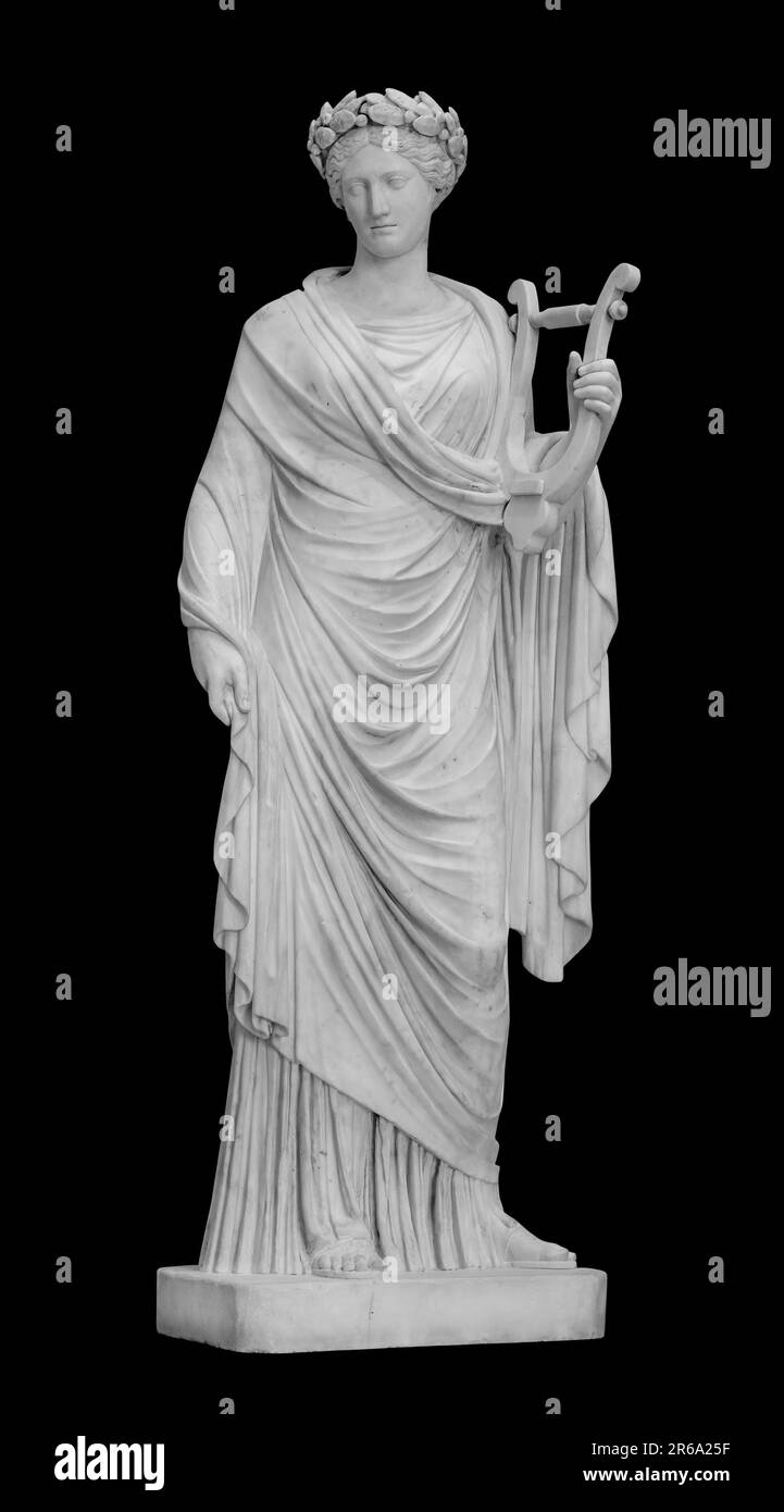 Ancient sculpture of muse. Statue woman with lyre isolated photo with ...