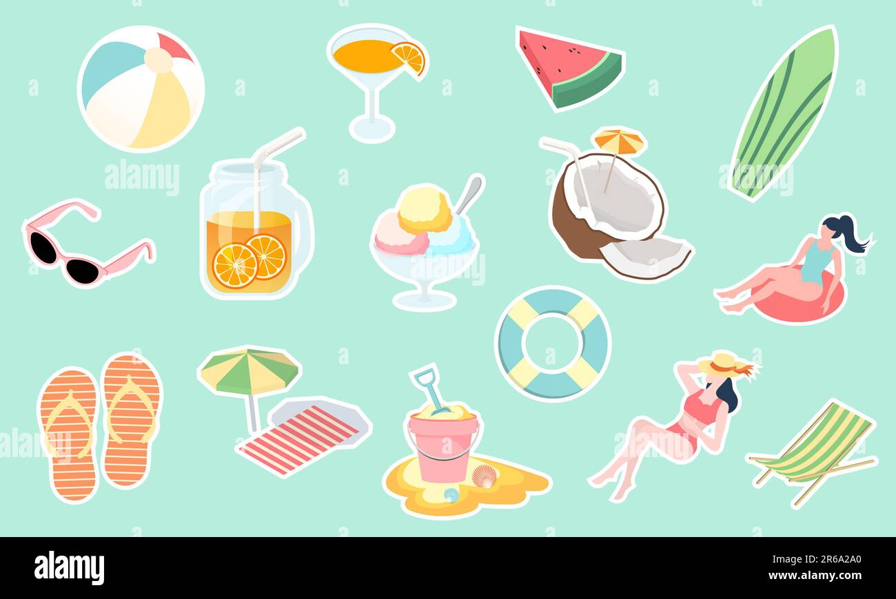Summer Beach Sticker Pack. Set of Vector for Vacation. Isometric ...
