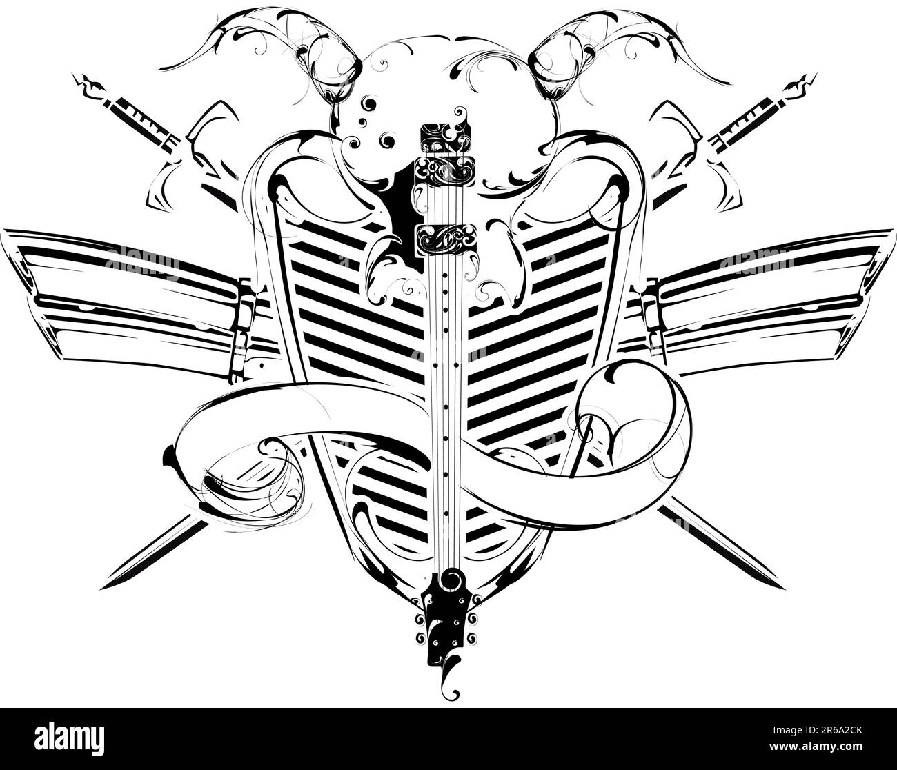 vector guitar on the shield with banners and horns Stock Vector Image ...