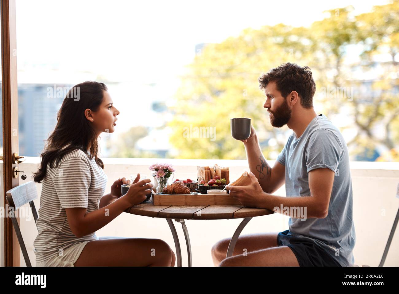 Breakfast food, home and couple argue, fight or angry over relationship ...