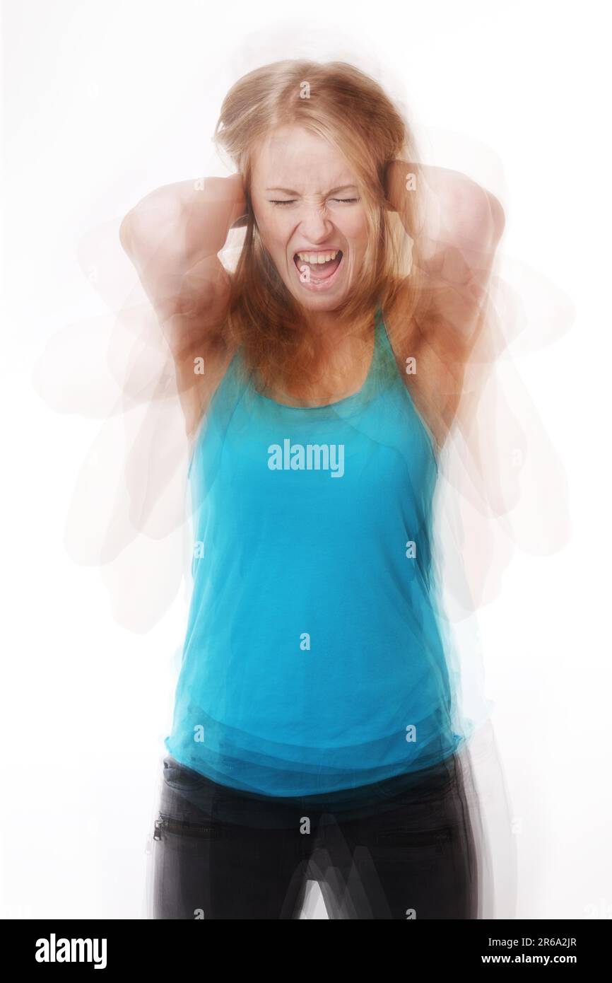 multiple exposure of screaming young woman in a frenzy Stock Photo - Alamy