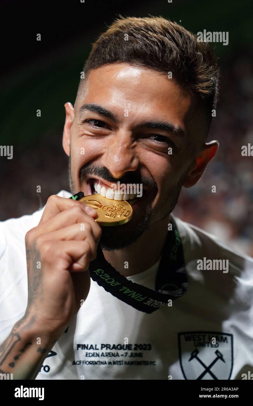 West Ham United's Manuel Lanzini celebrates his sides victory following ...