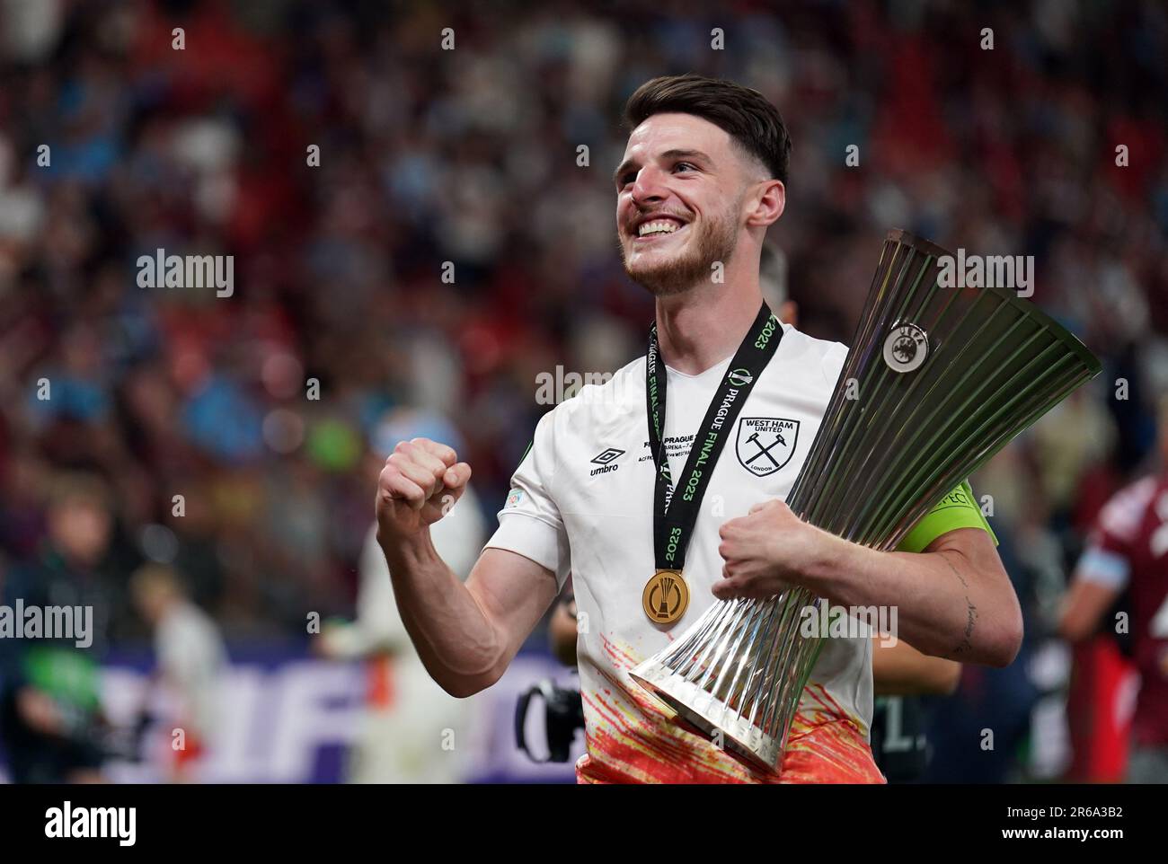 West Ham United's Declan Rice with the UEFA Europa Conference League ...