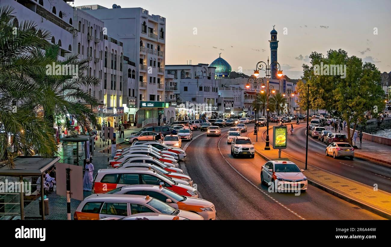 Muscat, Muscat, Corniche, city view, evening, cars, atmosphere, light ...
