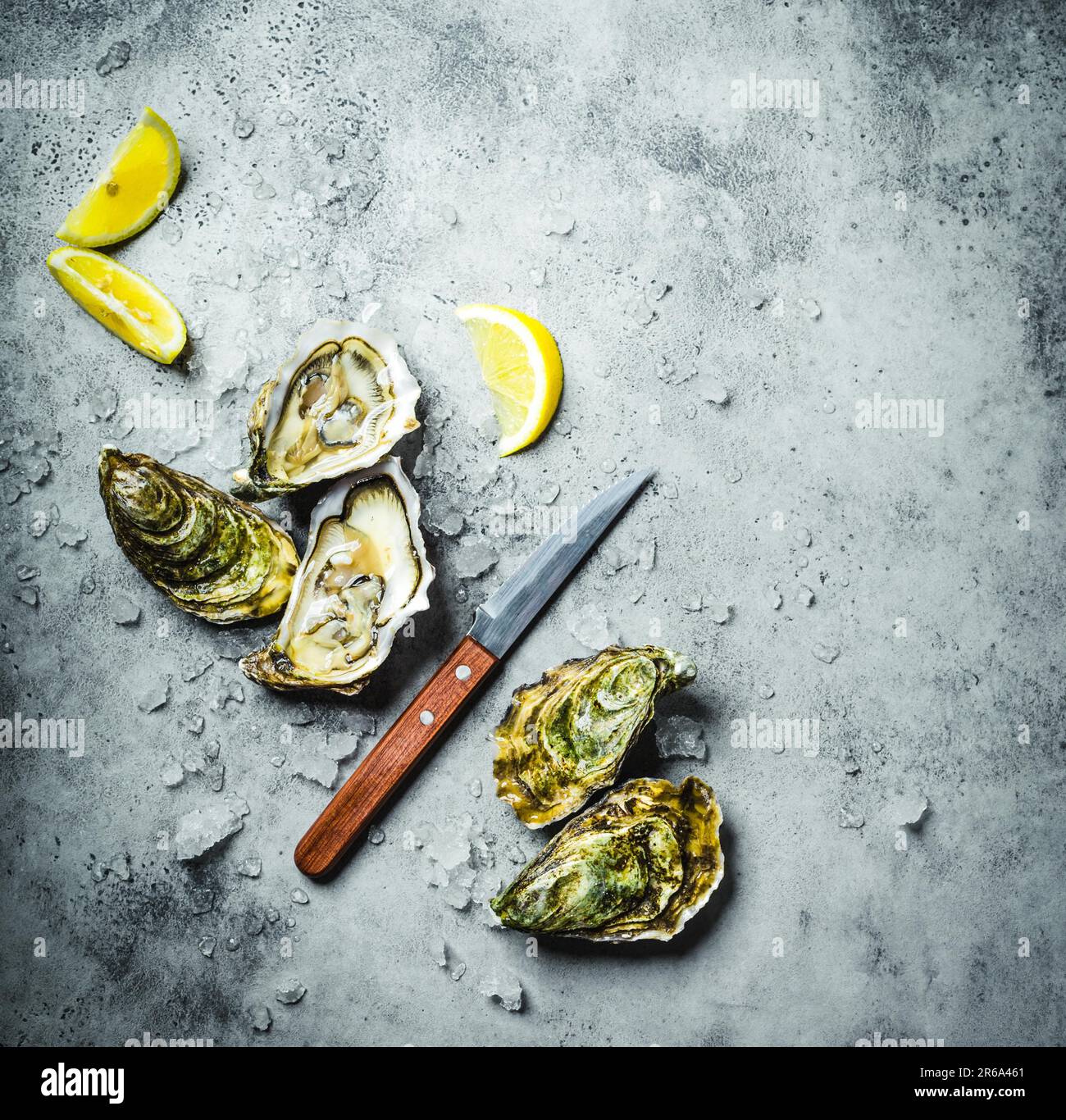 Fresh oysters on ice, knife, lemon wedges. Rustic stone background ...