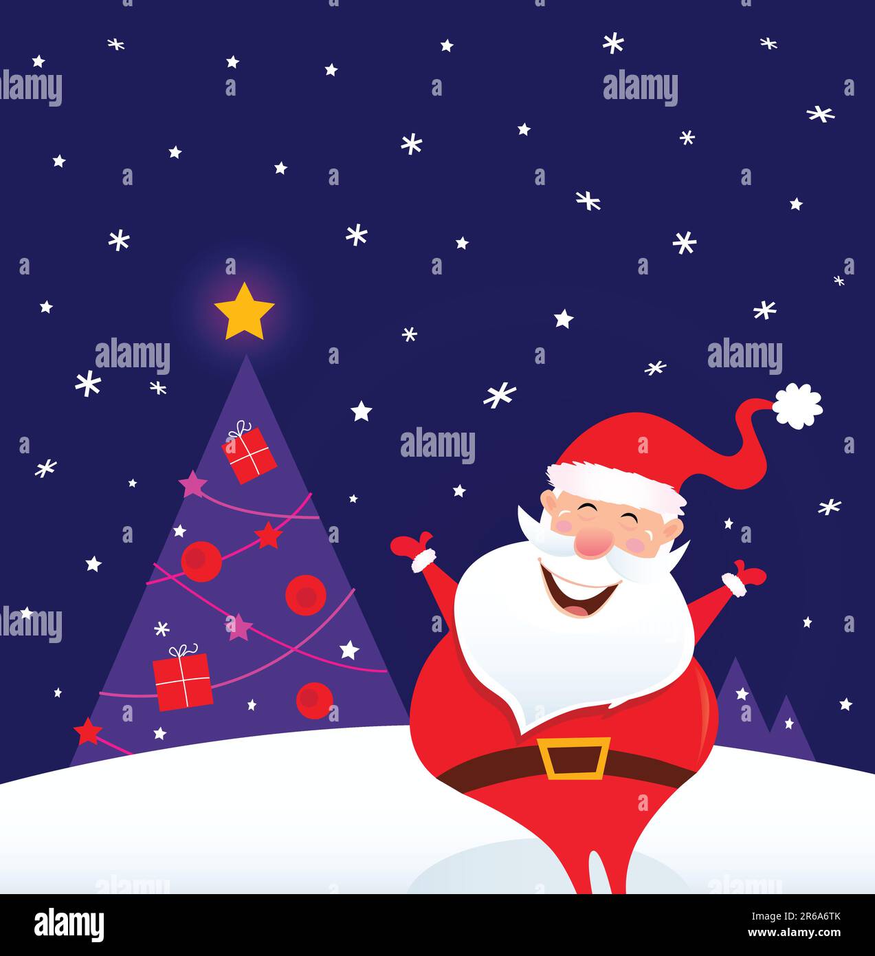 Falling snow, Santa in red costume and Christmas tree with presents ...