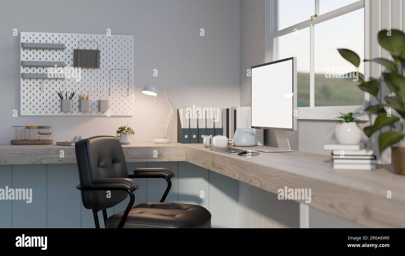 Rear view of a comfortable and minimalist office or home office with a ...