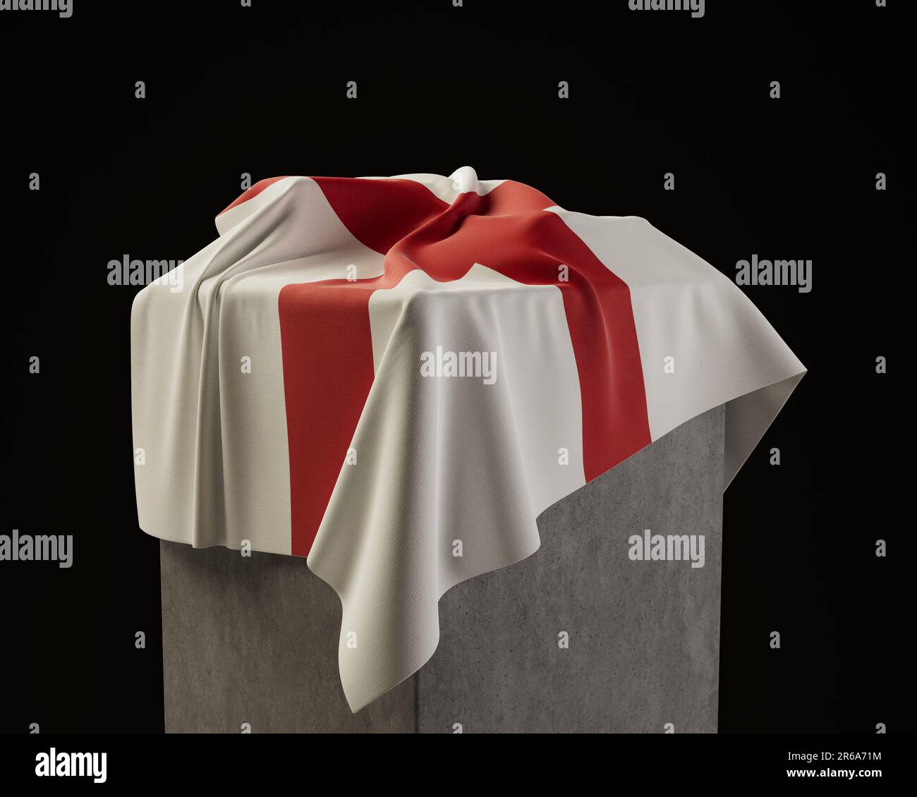 A england flag draped over a stone plinth on an isolated dark studio ...