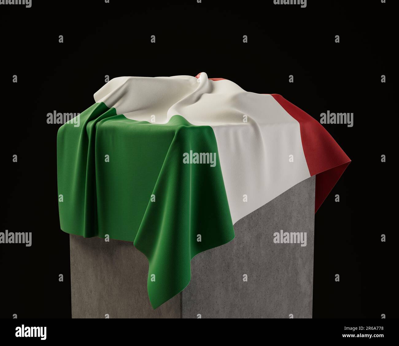 A italy flag draped over a stone plinth on an isolated dark studio ...