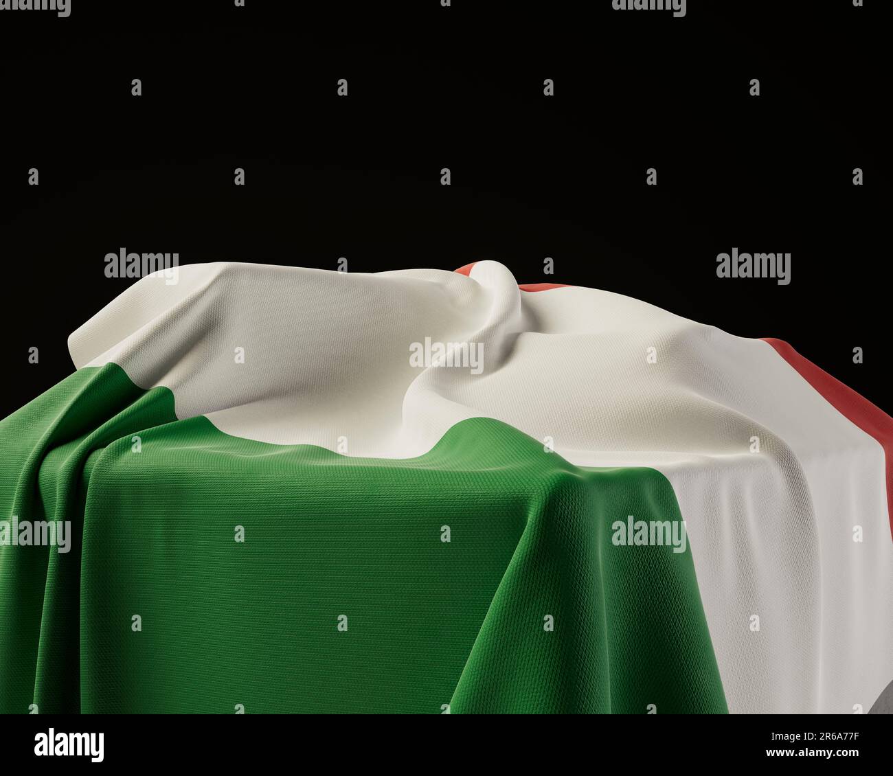 A italy flag draped over a stone plinth on an isolated dark studio ...