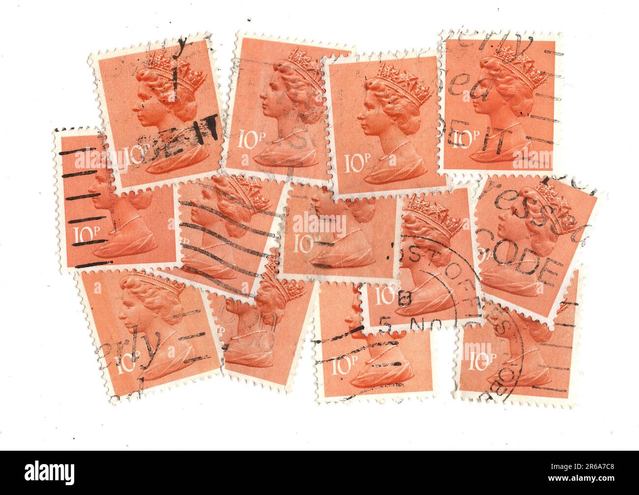 A montage of orange 10p vintage postage stamps from the United Kingdom ...