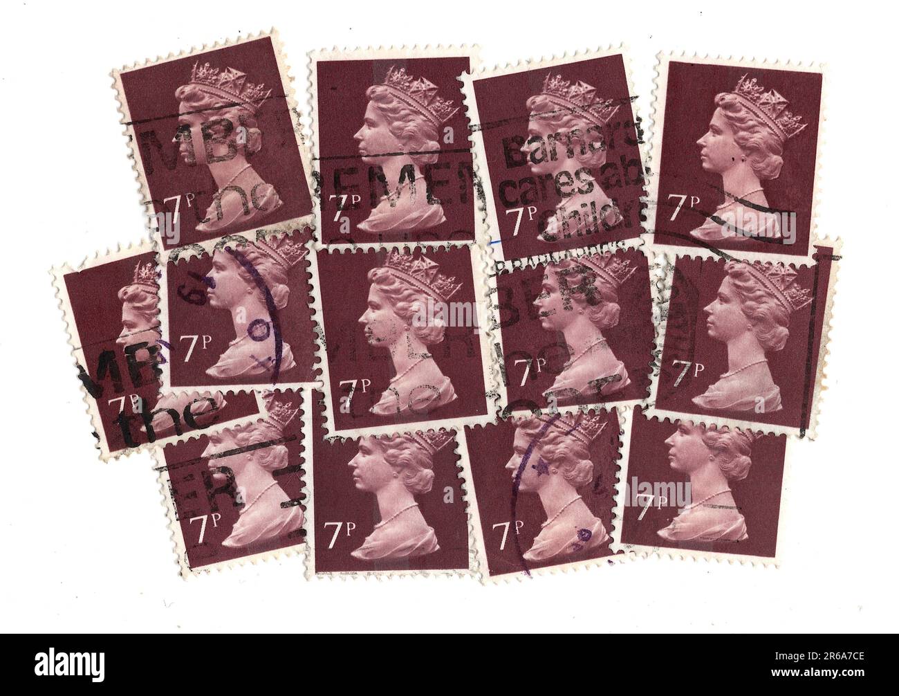 A montage of brown 7p vintage postage stamps from the United Kingdom ...