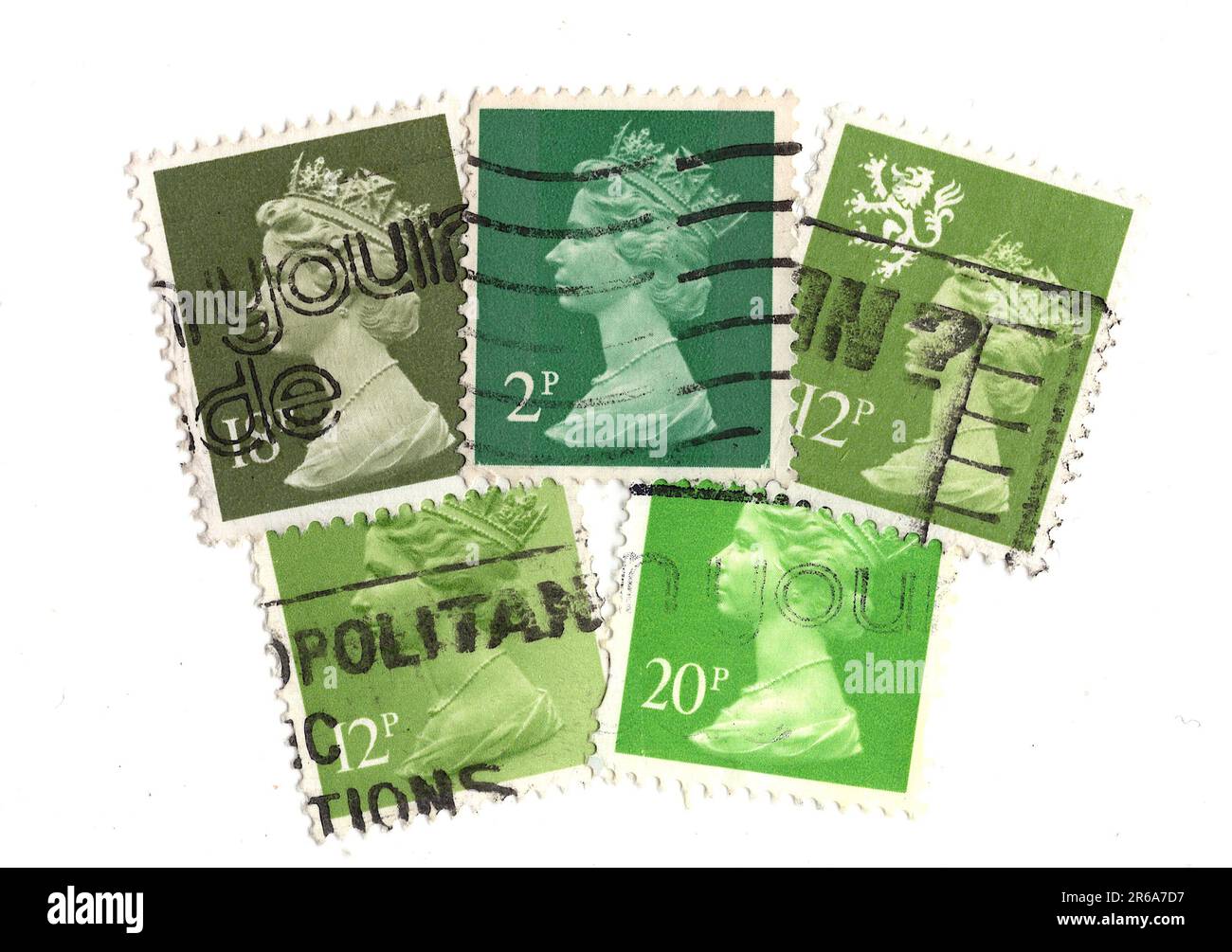 A montage of green vintage postage stamps from the United Kingdom ...