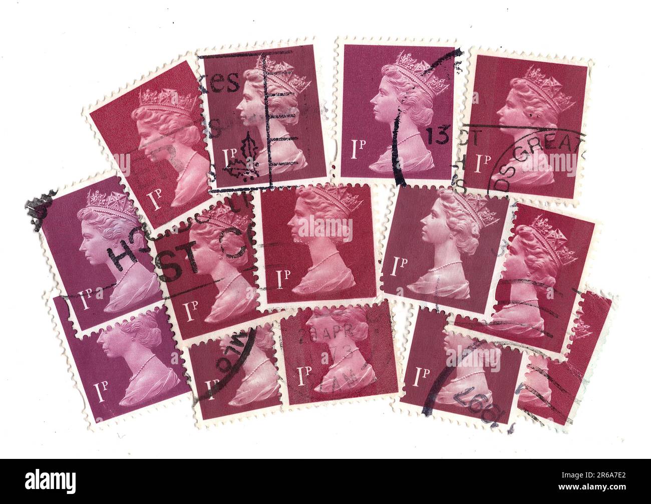 A montage of red 1p vintage postage stamps from the United Kingdom ...