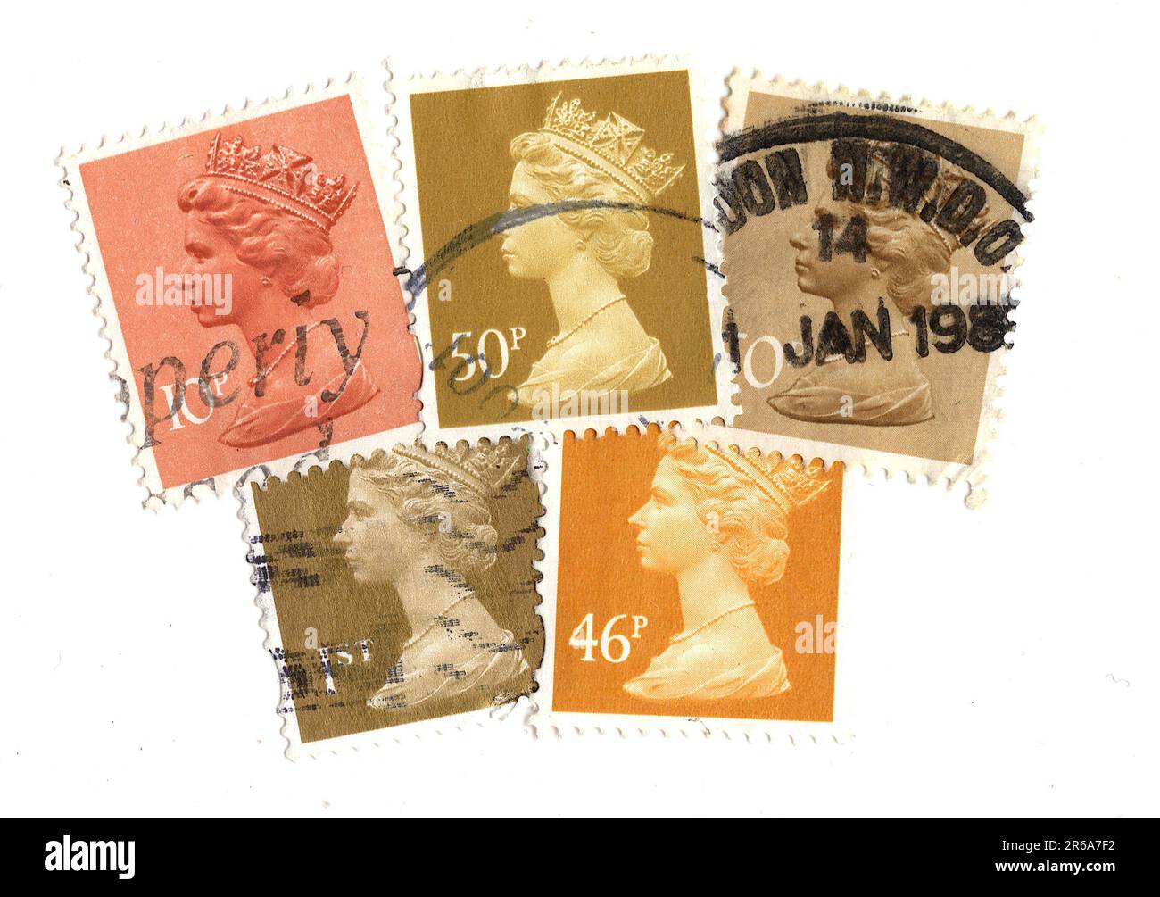 A montage of gold vintage postage stamps from the United Kingdom ...