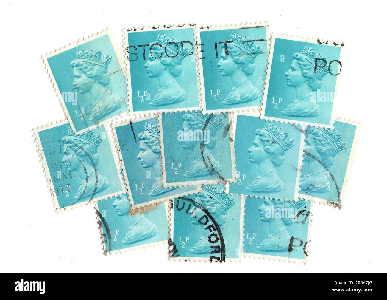 A montage of blue 0.5p vintage postage stamps from the United Kingdom ...