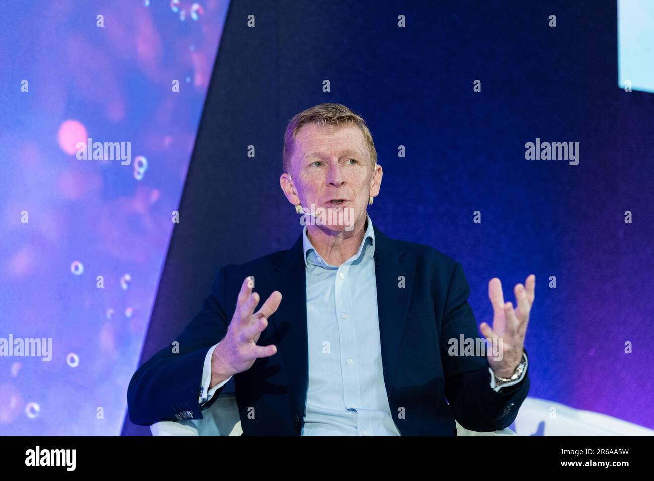 Astronaut Tim Peake speaking at Space-Comm Expo 2023 space technology event in the Farnborough ...
