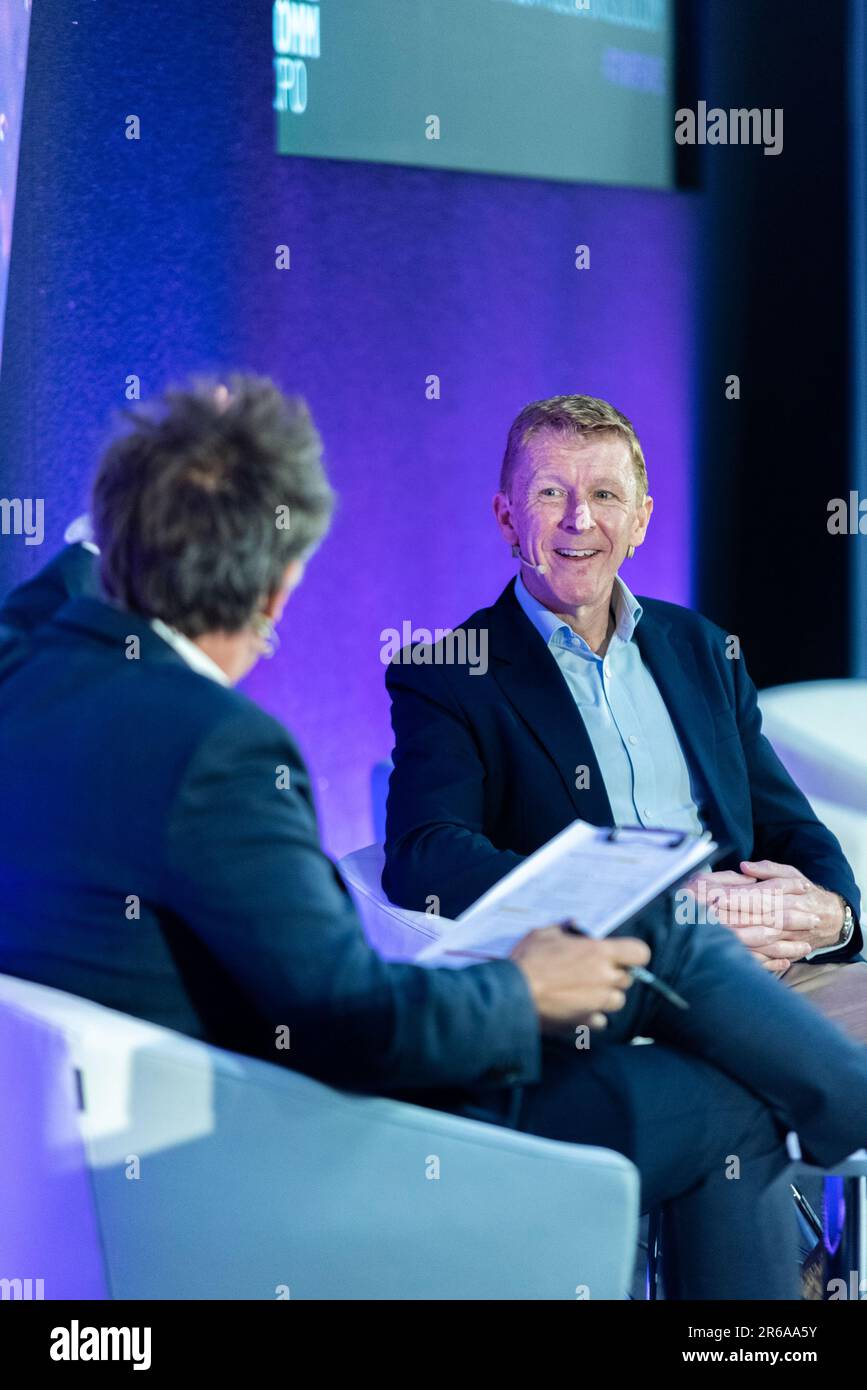 Astronaut Tim Peake speaking at Space-Comm Expo 2023 space technology event in the Farnborough ...